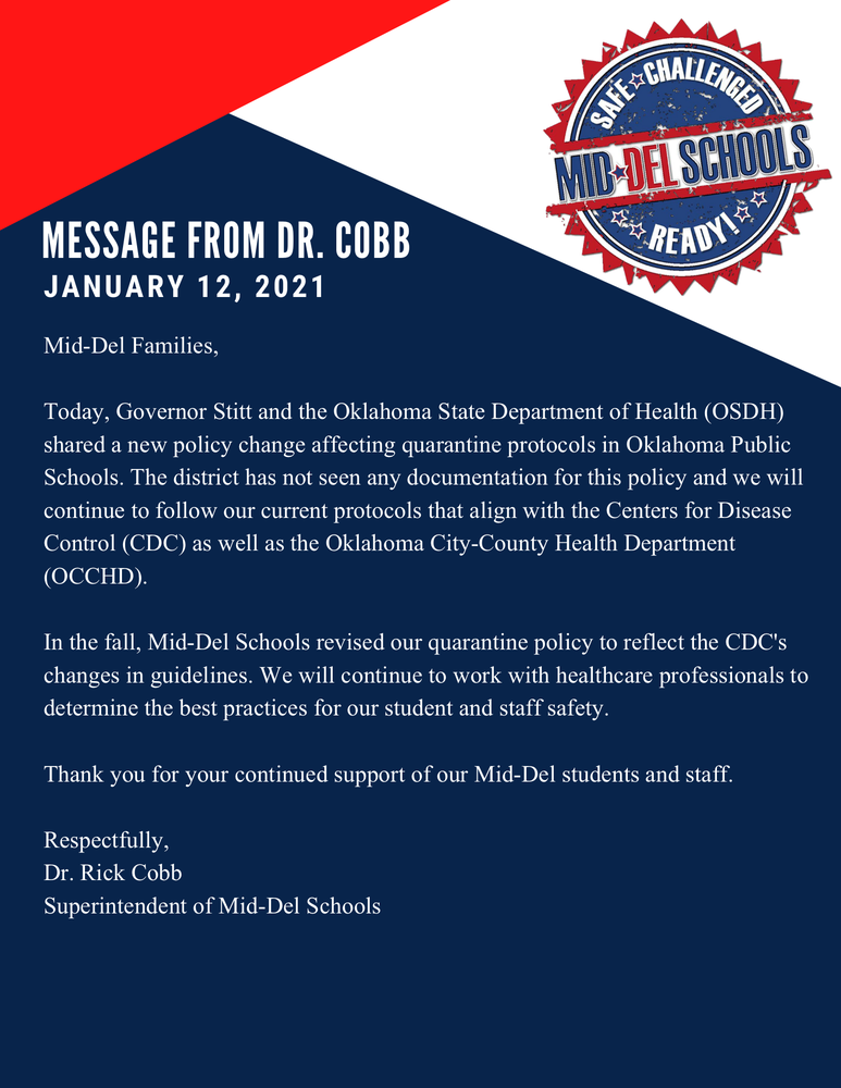 Message from Dr. Cobb: January 12, 2021 | Country Estates Elementary School
